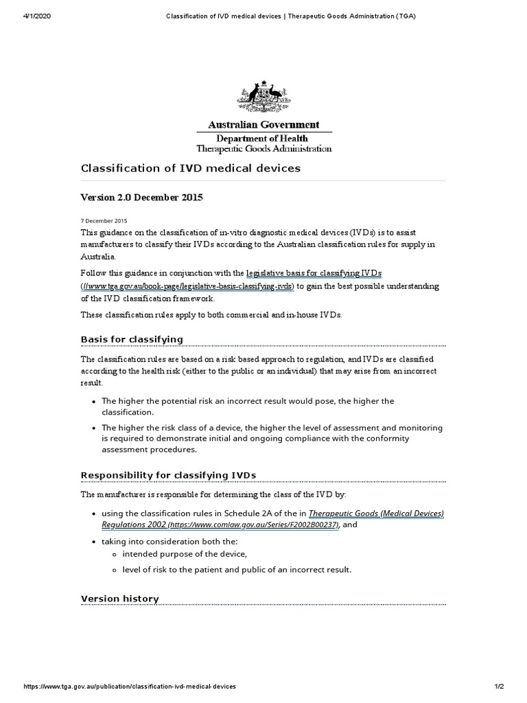 Australia IVD Medical Device Classification | PDF | Medical Device ...