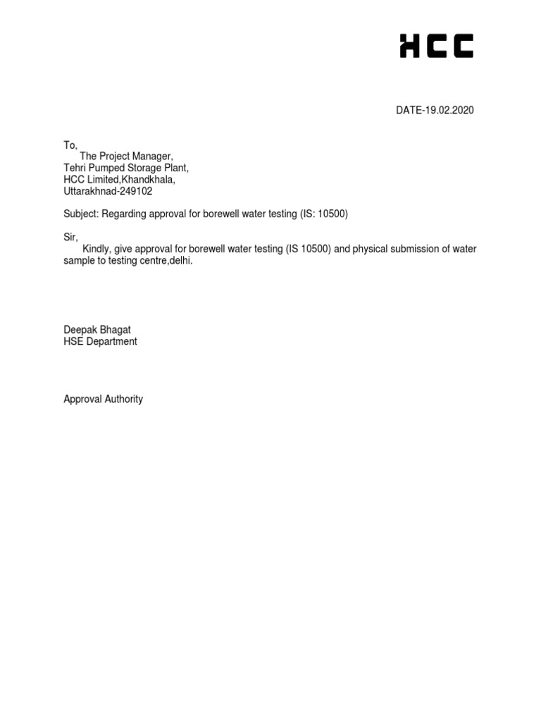 APPROVAL LETTer For Borewell Water Testing. | PDF