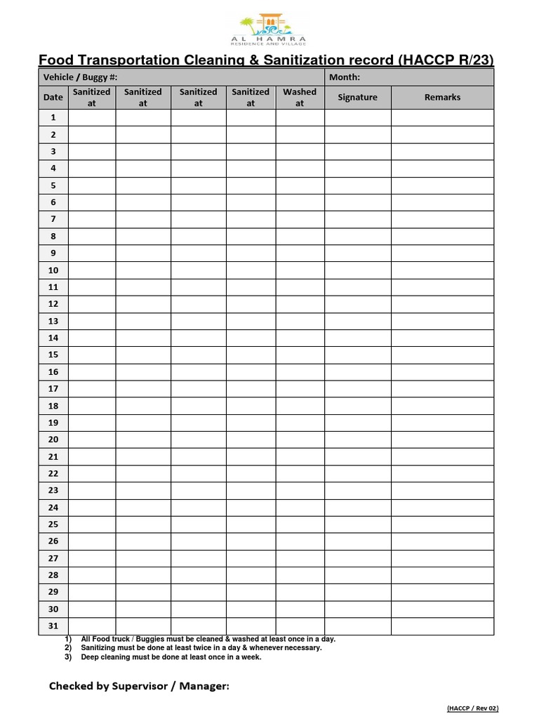 Food Transpotation Vehicle Cleaning & Sanitization Record | PDF