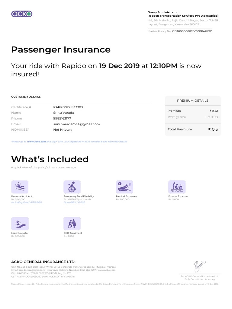 Passenger Insurance: Your Ride With Rapido On 19 Dec 2019 at 12:10PM Is ...