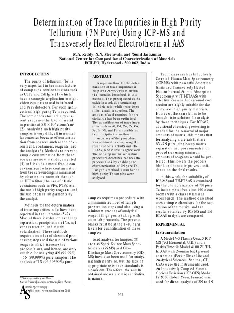 Determination of Trace Impurities in High Purity Tellurium (7N Pure ...