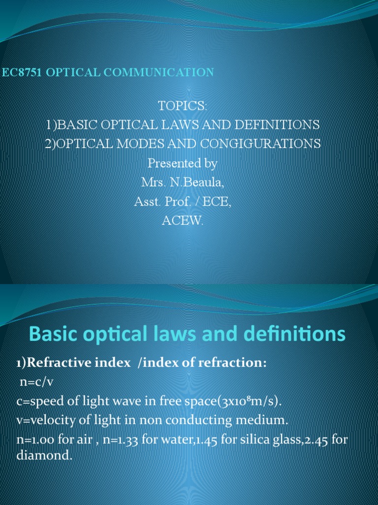Topics: 1) Basic Optical Laws and Definitions 2) Optical Modes and ...