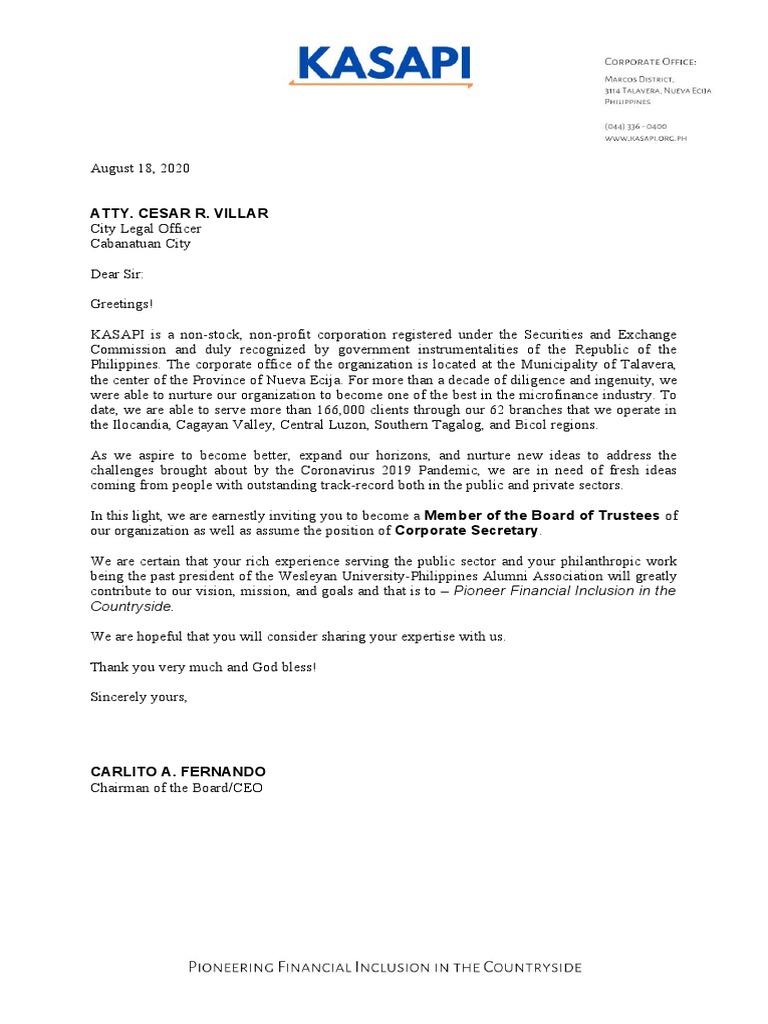 August 18 - Letter For Atty Villar | PDF | Finance & Money Management