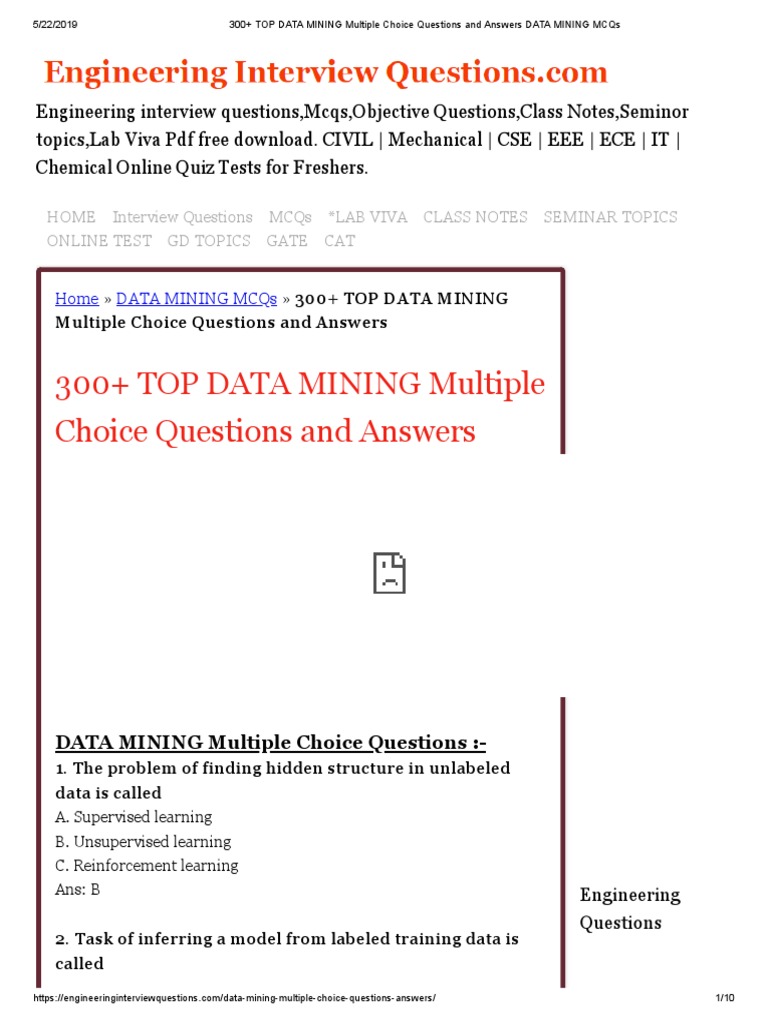300+ TOP DATA MINING MCQs | PDF | Machine Learning | Statistical Classification