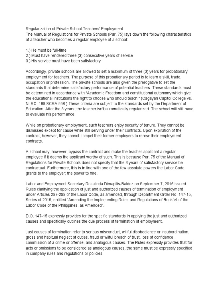 Regularization of Private School Teachers' Employment | PDF ...