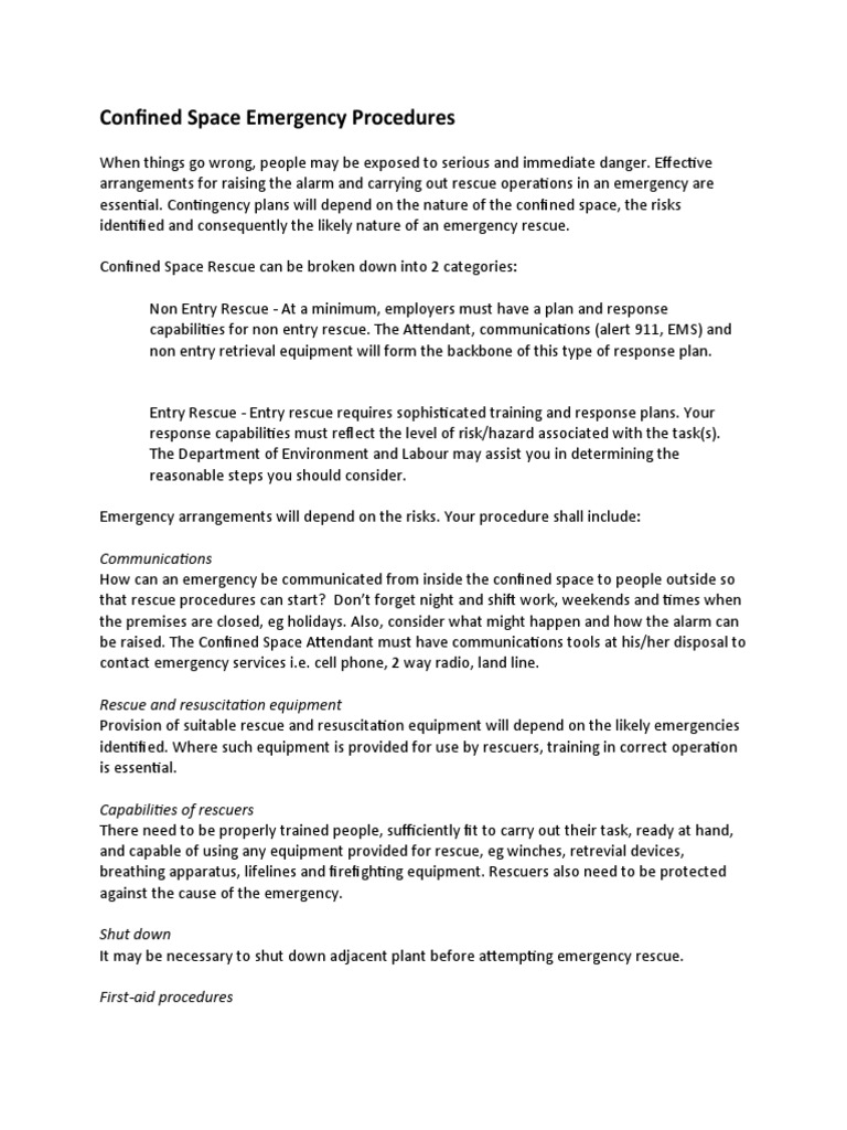 Confined Space Emergency Procedures | PDF | Emergency | First Aid