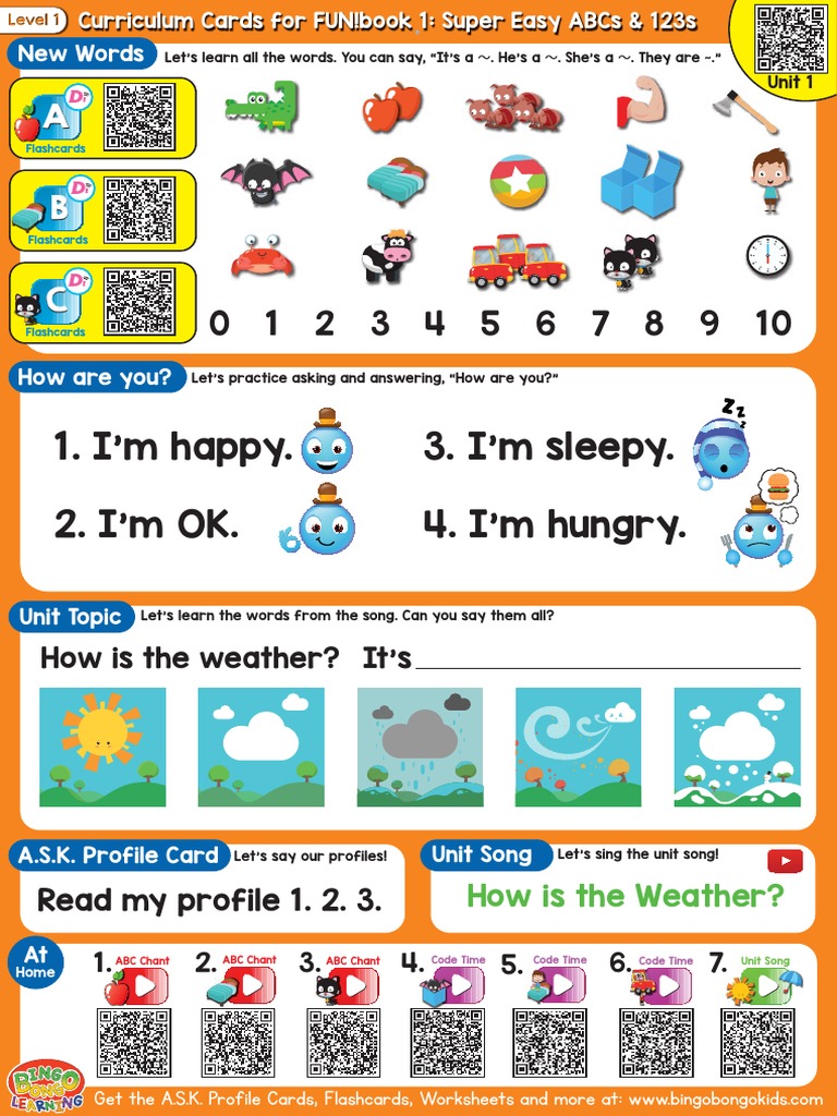 BINGOBONGO Learning Curriculum Cards Level 1 Unit 1 | PDF | Learning
