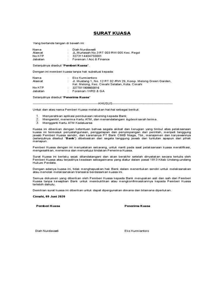 Surat Kuasa Penyerahan Kartu ATM Payroll | PDF