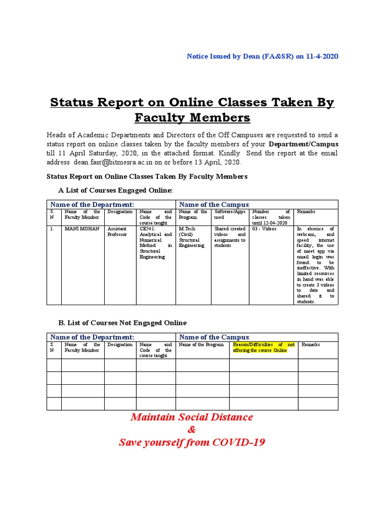 11 April - Status Report On Online Classes | PDF | Educational ...