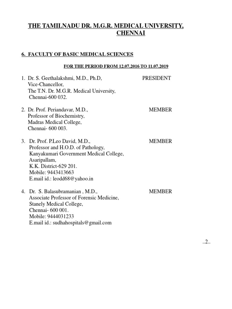 The Tamilnadu Dr. M.G.R. Medical University, Chennai: 6. Faculty of ...