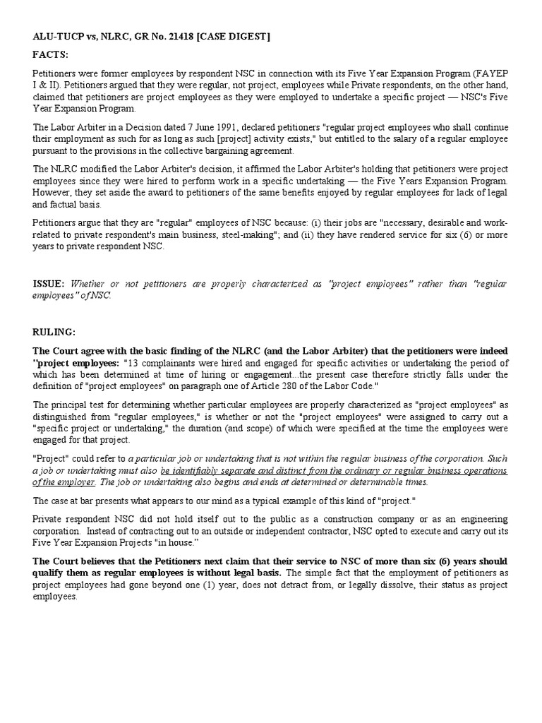 ALU-TUCP VS, NLRC, GR No. 21418 (CASE DIGEST) | PDF | Independent ...