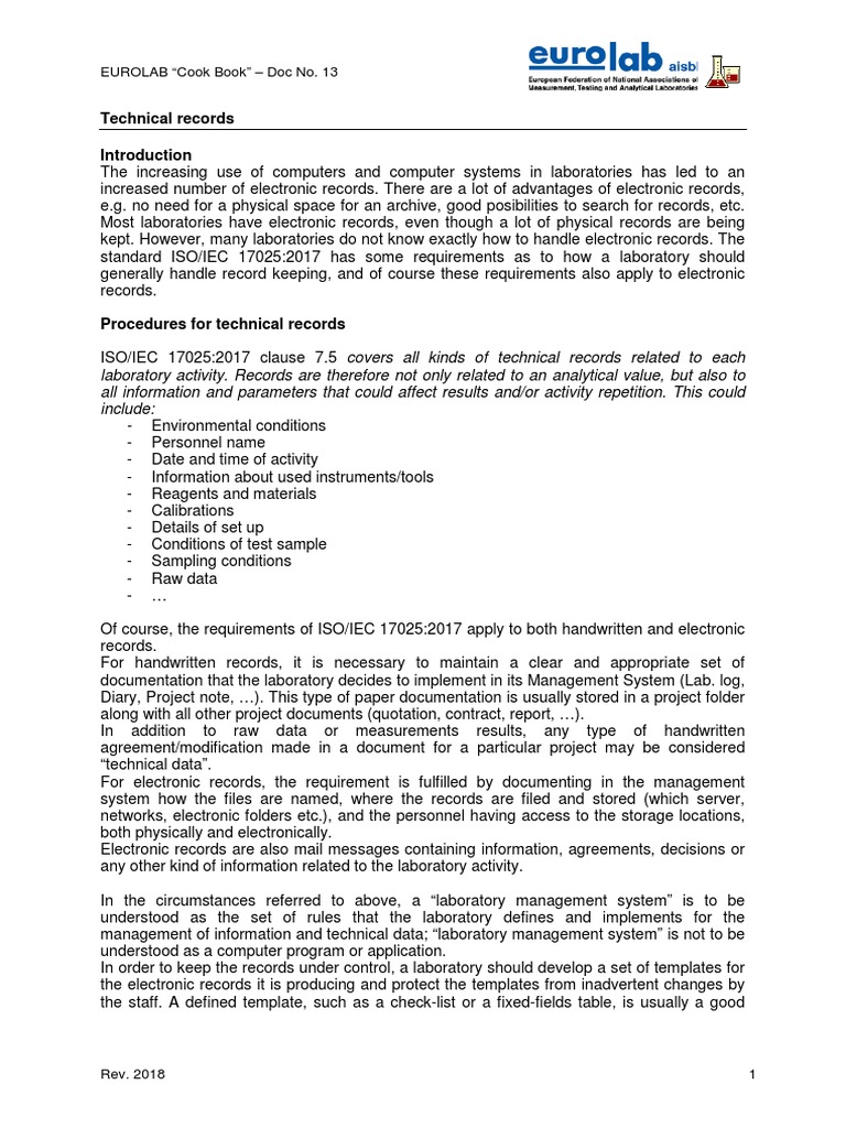 EUROLAB Cook Book Technical Records | PDF | Records Management | File ...