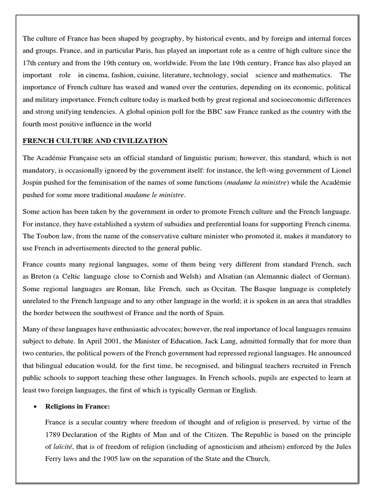 Overview of French Culture and Civilization | PDF | France | French People