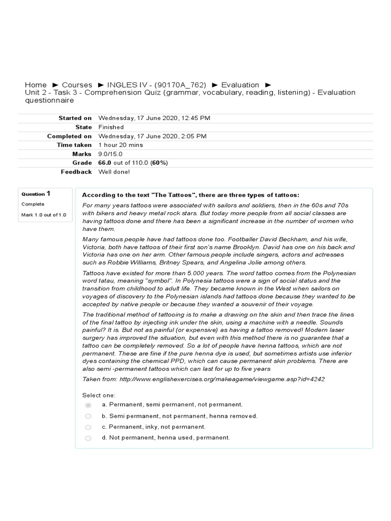 Dcsunit 2 - Task 3 - Comprehension Quiz (Grammar, Vocabulary, Reading ...