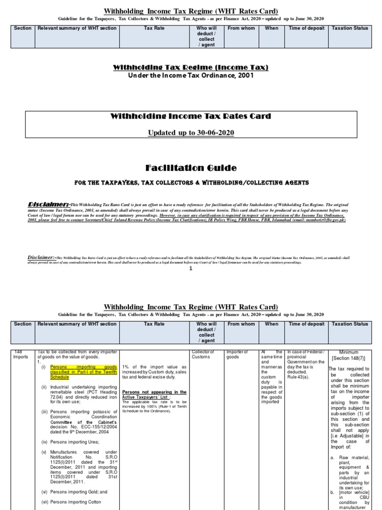 Withholding Income Tax Regime (WHT Rates Card) : Facilitation Guide ...