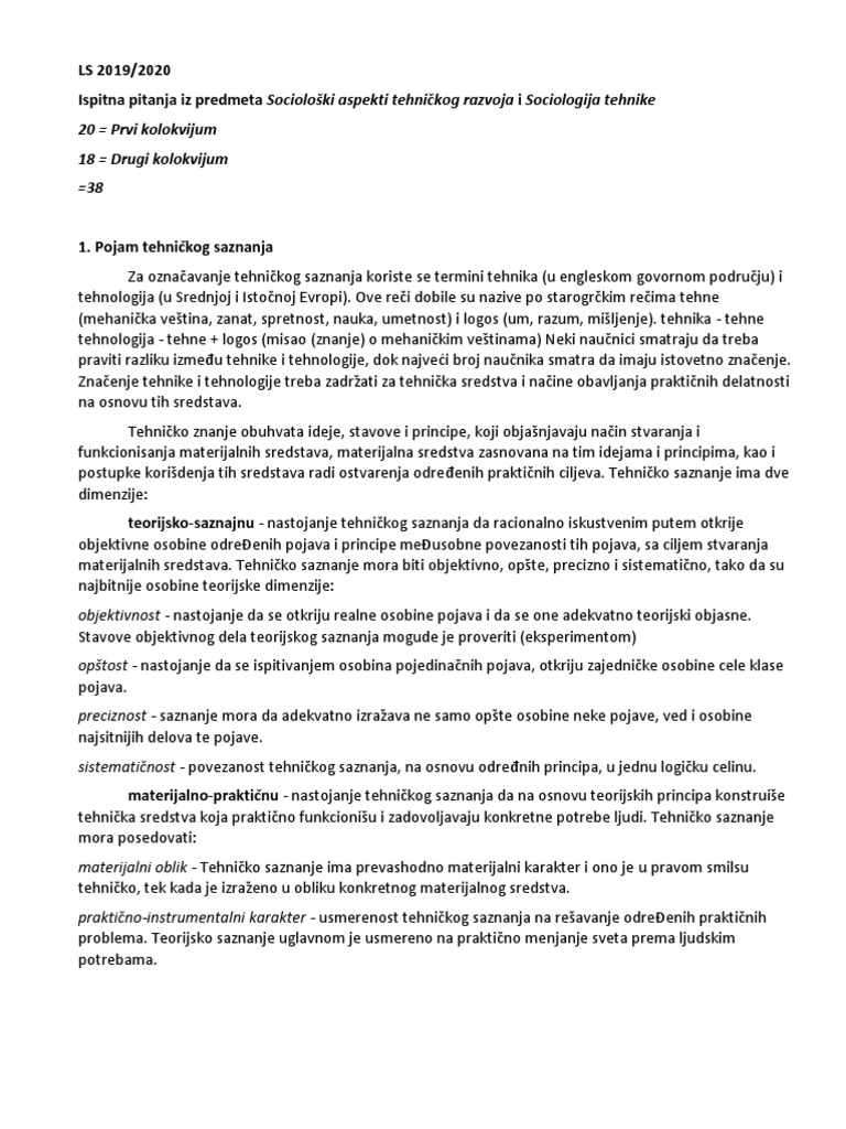 Ispitna Pitanja Sociologija Tehnike PDF | PDF
