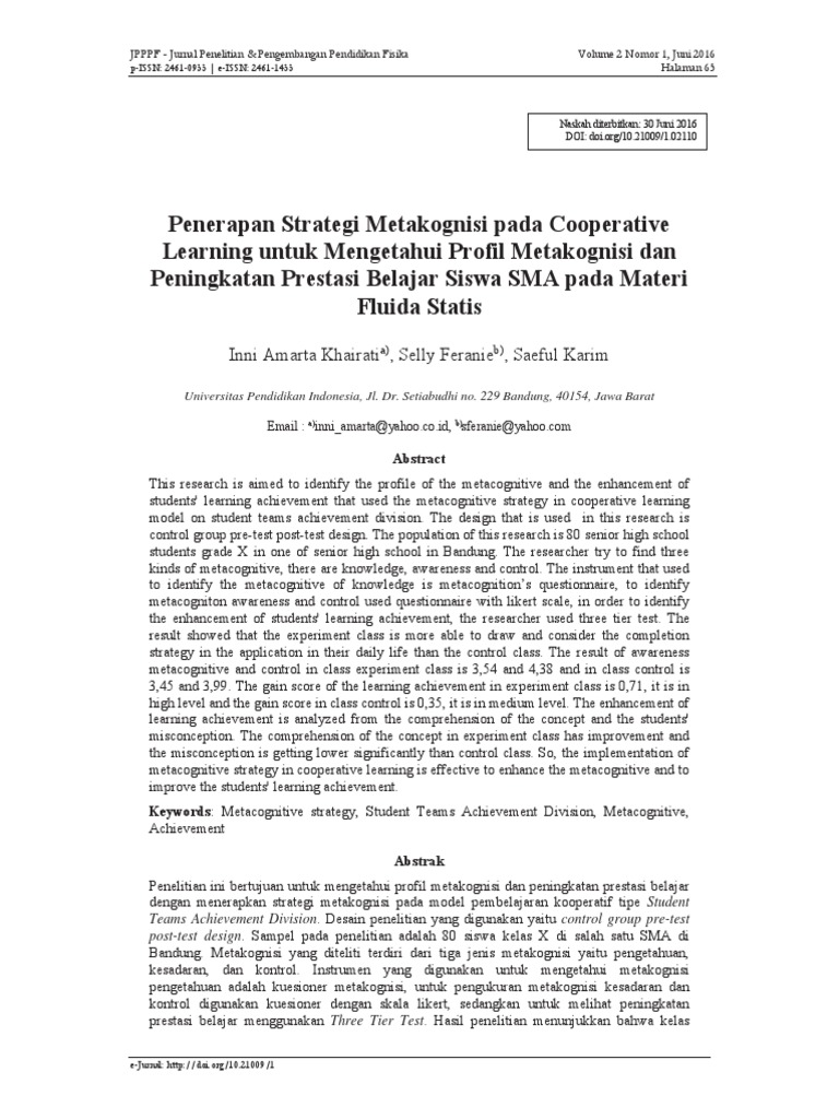 Analysis of the Effect of Applying Metacognitive Strategies through Cooperative Learning on ...