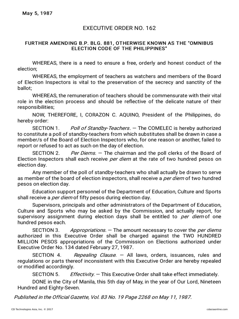 Executive Order No. 162: May 5, 1987 May 5, 1987 | PDF | Commission On ...