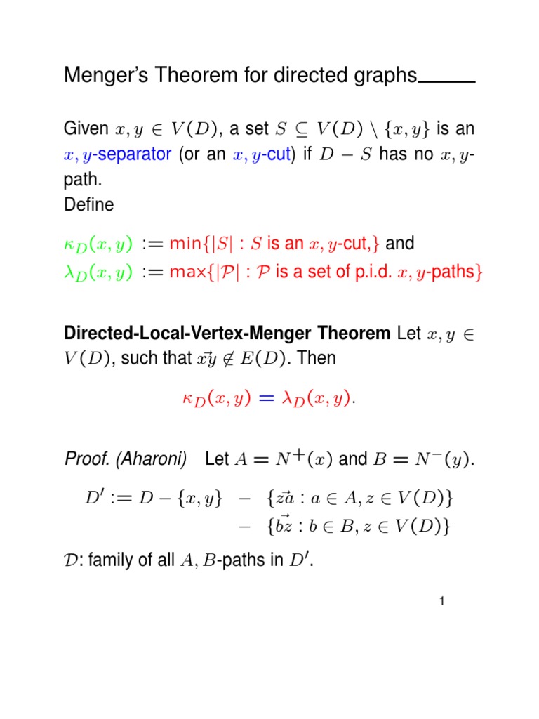 Menger's Theorem For Directed Graphs: X, y V (D) S V (D) / (X, Y) D S X, y | Download Free PDF ...