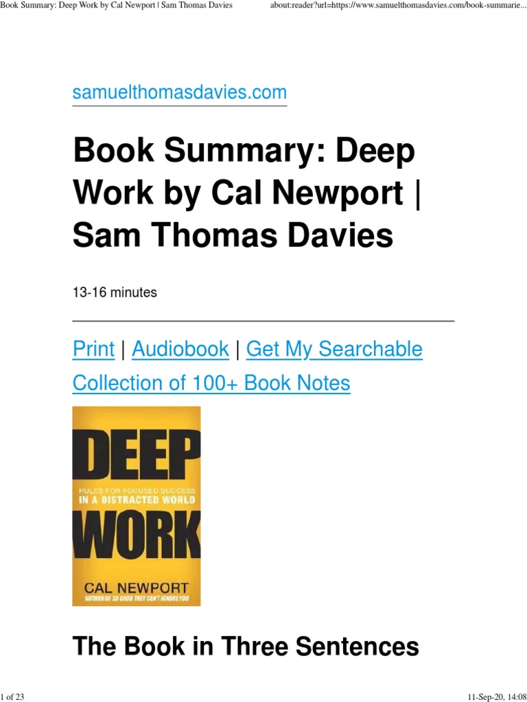 Book Summary - Deep Work by Cal Newport - Sam Thomas Davies | PDF ...