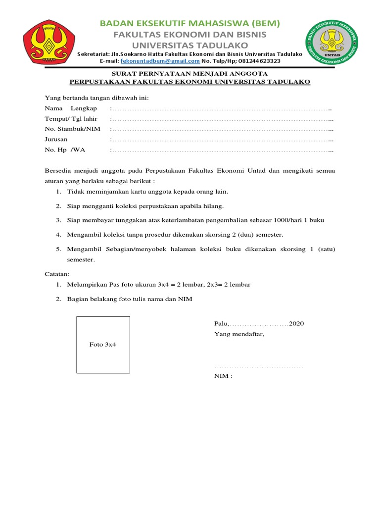 Surat Pernyataan Menjadi Anggota Perpustakaan Fakultas Ekonomi | PDF | Griya & Taman