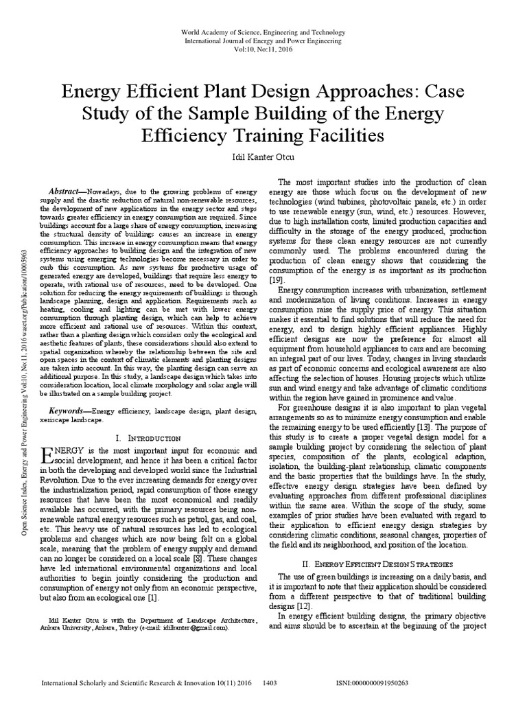 Energy Efficient Plant Design Approaches Case Study of The Sample ...