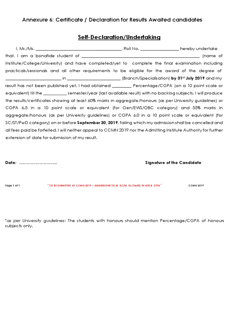 Self-Declaration/Undertaking: Annexure 6: Certificate / Declaration For ...