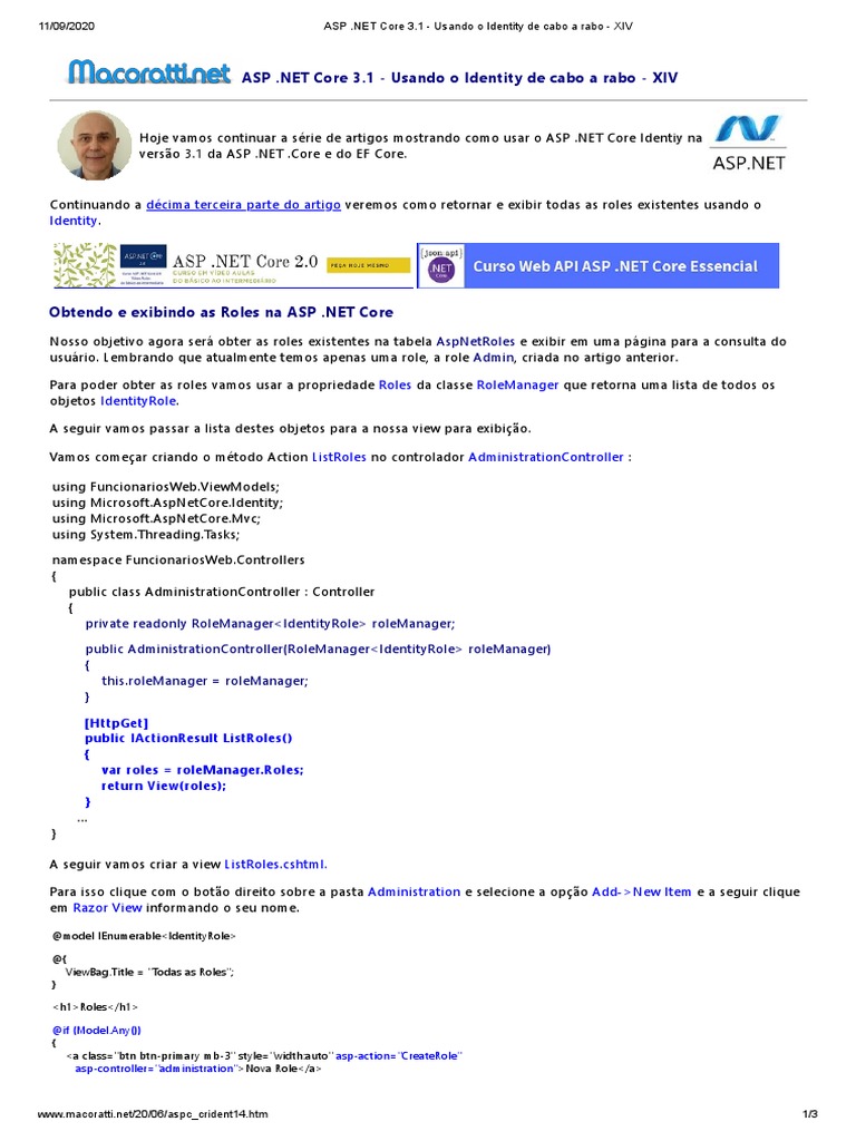 ASP.NET Core: Gerenciando Roles | PDF | Active Server Pages (ASP) | Model-View – Controller (MVC)