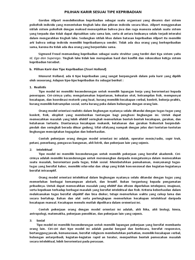 Pilihan Karir Sesuai Tipe Kepribadian | PDF