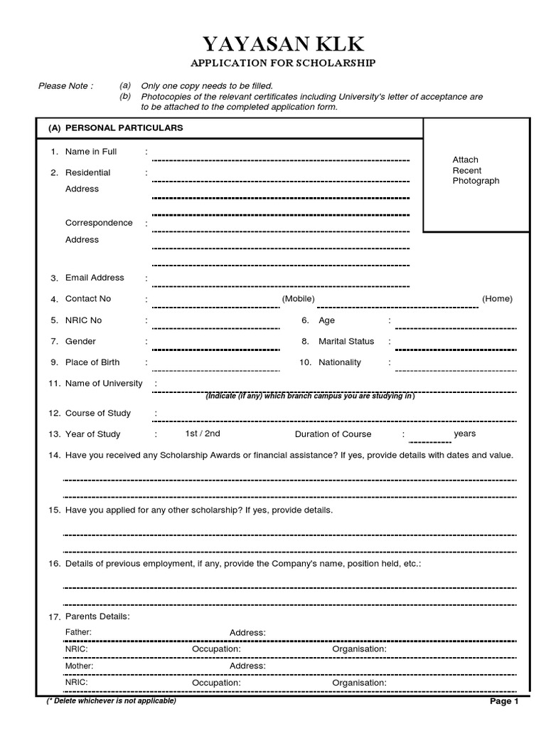 Yayasan KLK: Application For Scholarship | PDF | Further Education ...