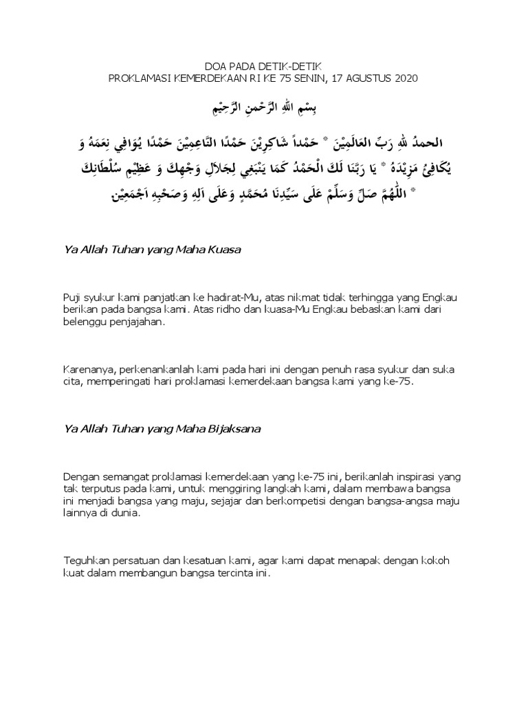 Teks Doa Upacara 17 Agustus 2020 HUT RI Ke 75 | PDF