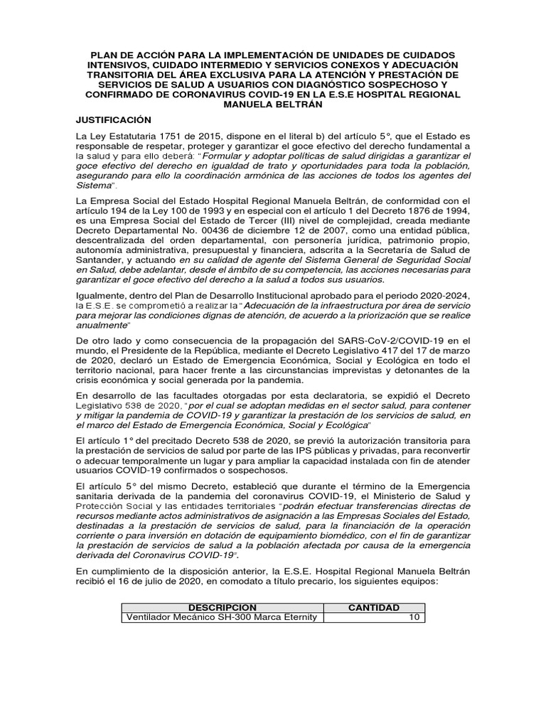 Plan de Acción para La Implementación de Uci | PDF | Hospital | Medicina de Cuidados Intensivos