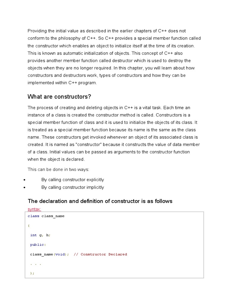 Unit Ii Constructoranddestructor Pdf Constructor Object Oriented Programming Programming 5348
