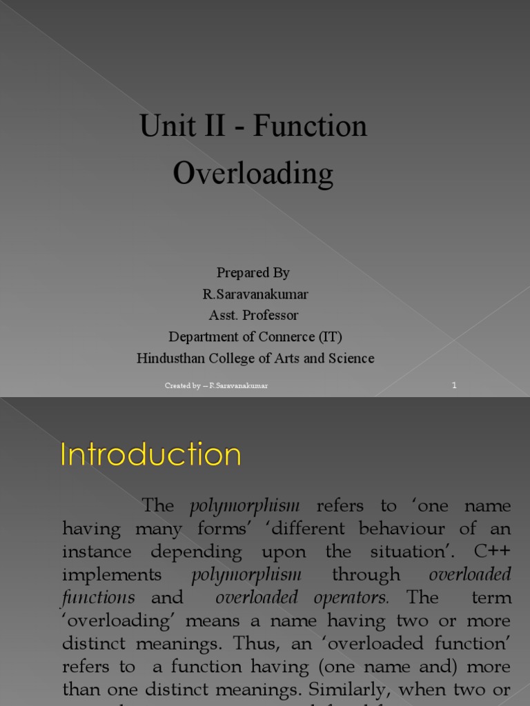 Unit II - Function - Overloading | PDF | Subroutine | Parameter (Computer Programming)