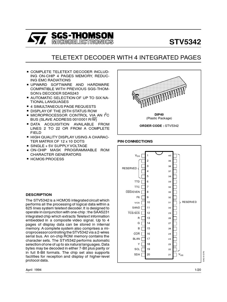 Teletext Decoder With 4 Integrated Pages: Pin Connections | PDF ...