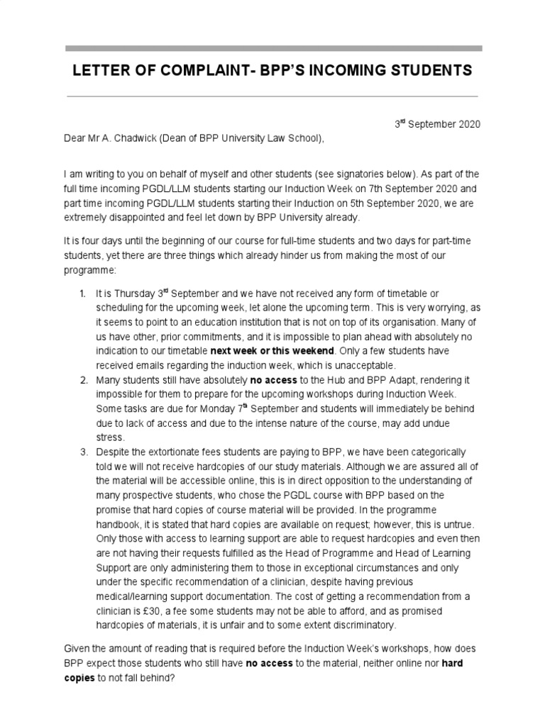 Letter of Complaint-Bpp'S Incoming Students: Copies | PDF