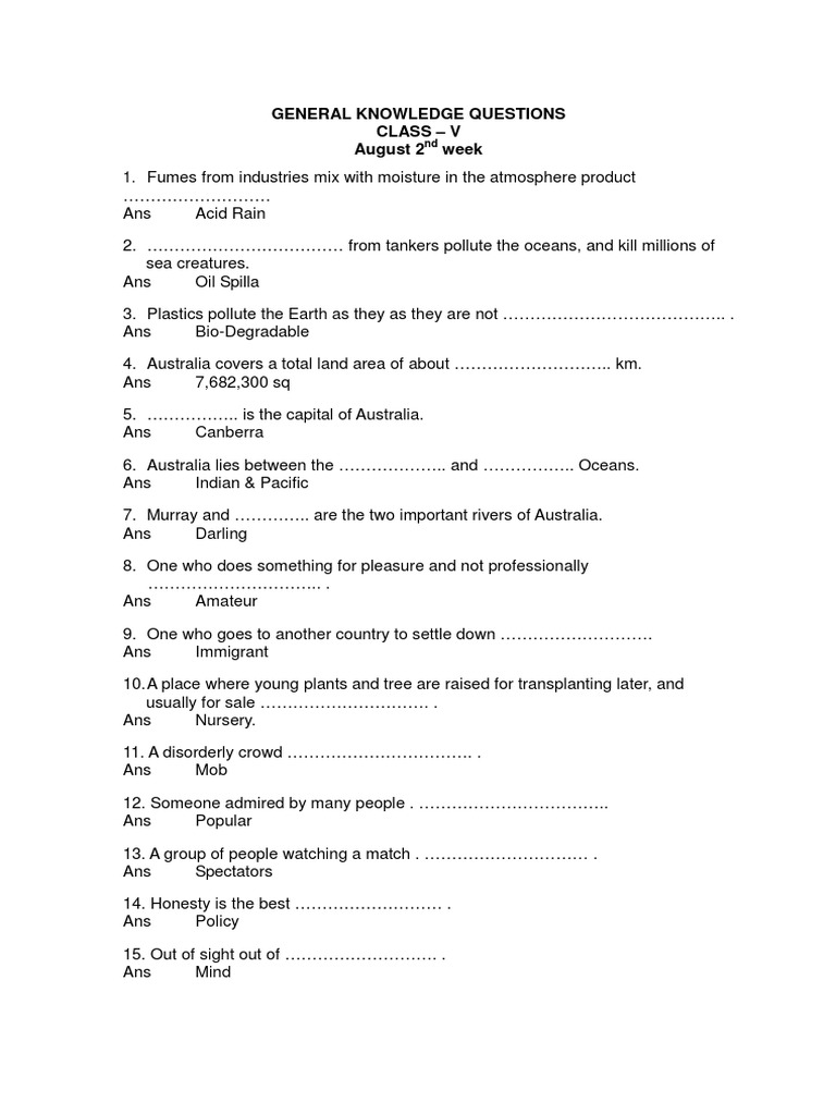 CBSE Class 5 GK Practice Worksheet | PDF