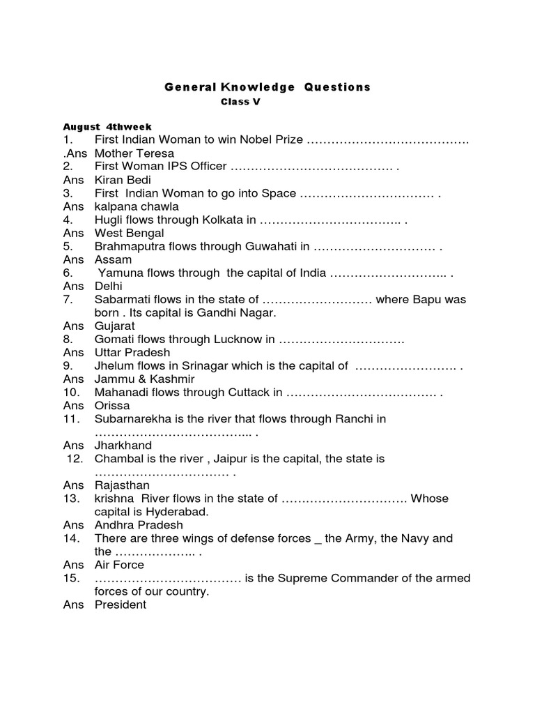 CBSE Class 5 GK Practice Worksheet | PDF