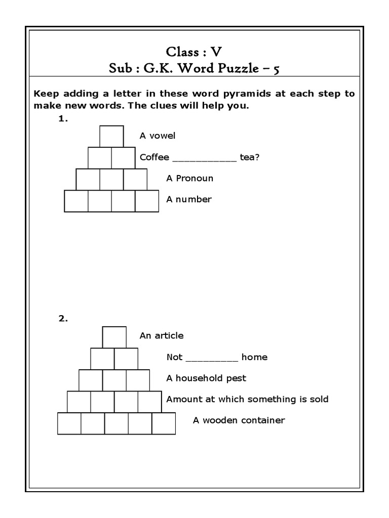 CBSE Class 5 GK Practice Worksheet (6) Word Puzzle | PDF