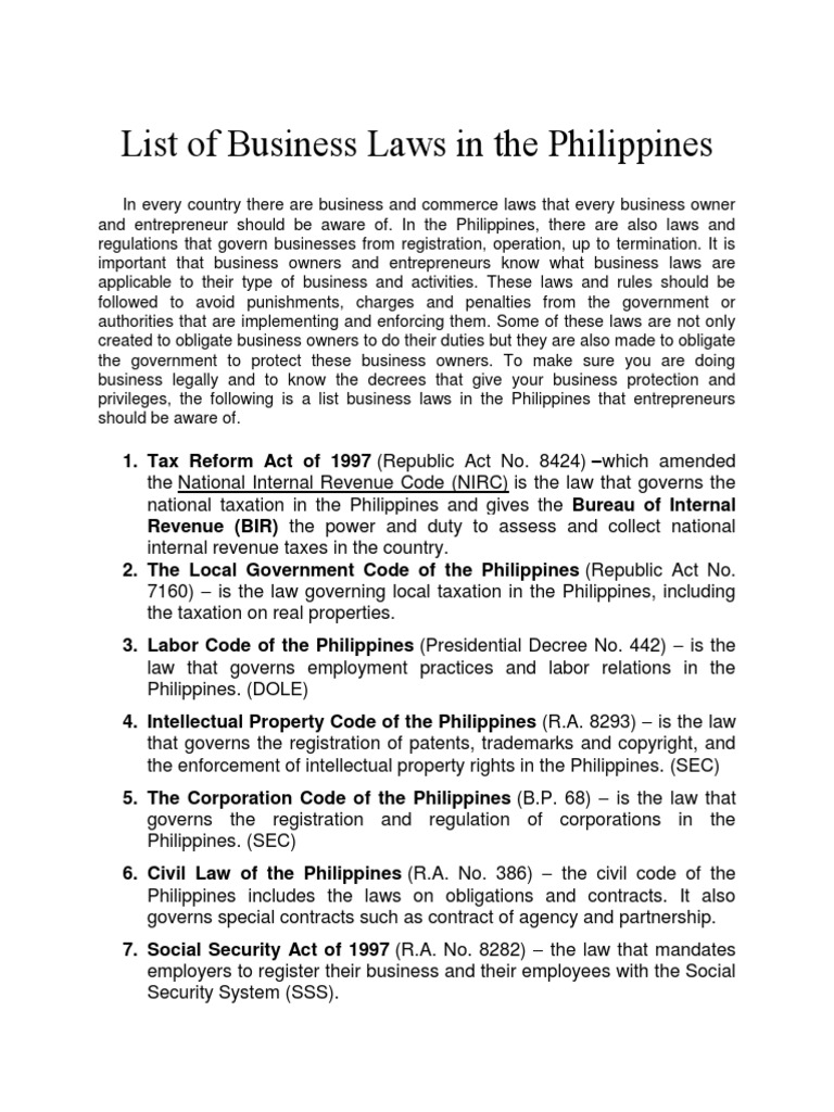 List of Business Laws in The Philippines PDF | PDF | Intellectual ...