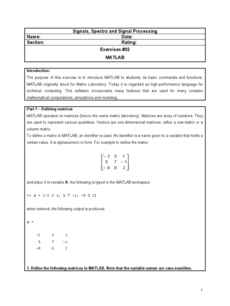Signals, Spectra and Signal Processing Name: Date: Section: Rating: Exercises #02 Matlab | PDF ...