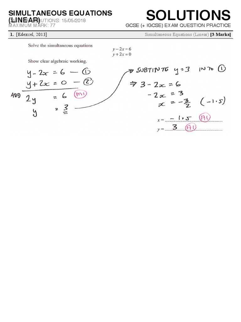 Solutions: Simultaneous Equations (Linear) | PDF | Equations | Test ...