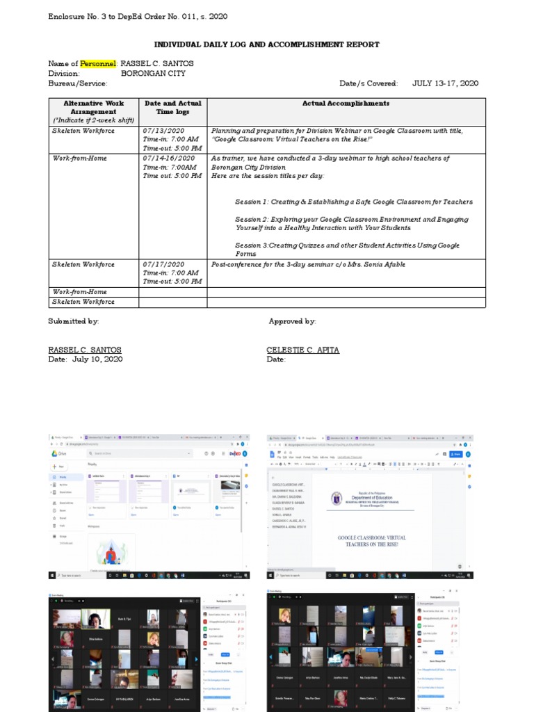 Individual Daily Log and Accomplishment Report: Enclosure No. 3 To ...