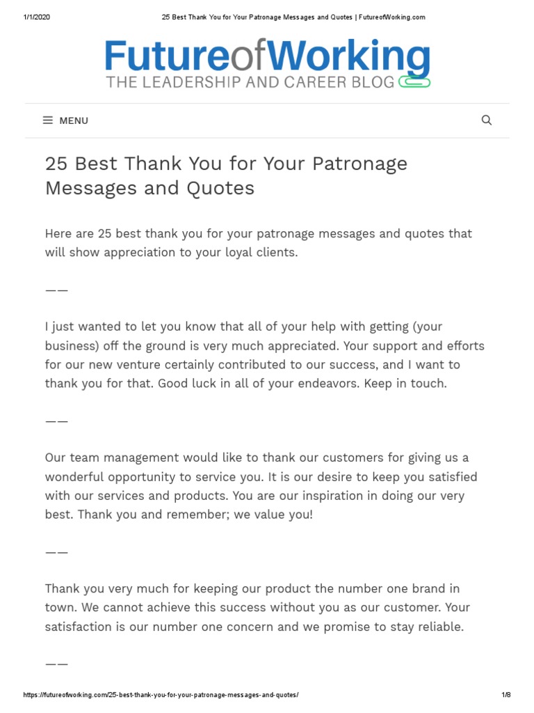 25 Best Thank You For Your Patronage Messages | PDF