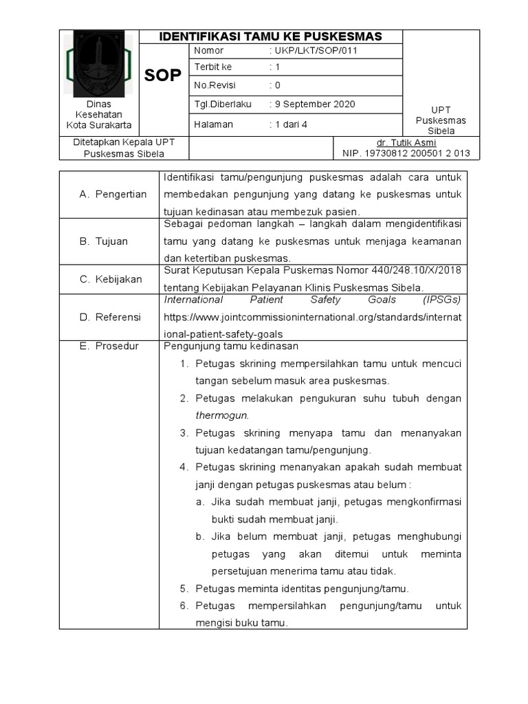 SOP Identifikasi Tamu Puskesmas Sibela | PDF