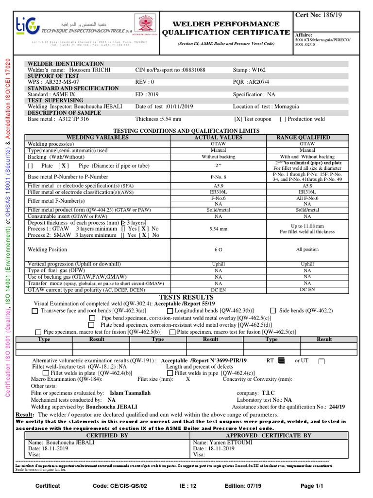 186-19 Wpqc-W162-2''-Asme Xi | PDF | Welding | Construction