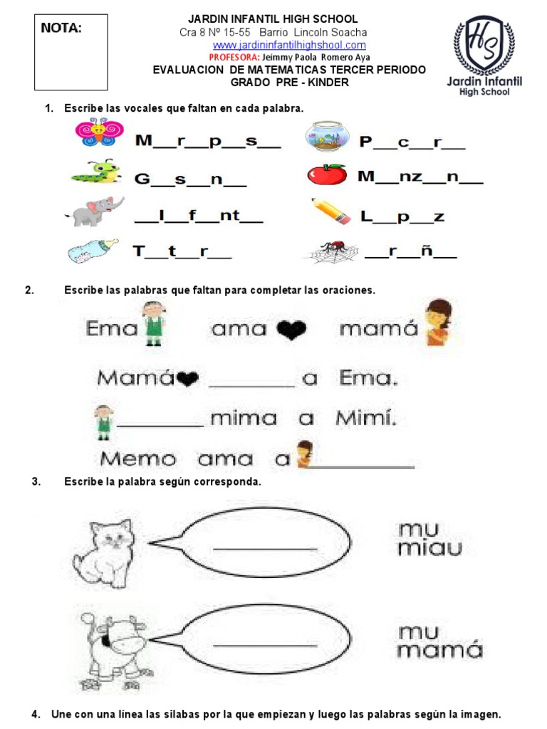 Evaluacion de Español Pre - Kinder 3 | PDF