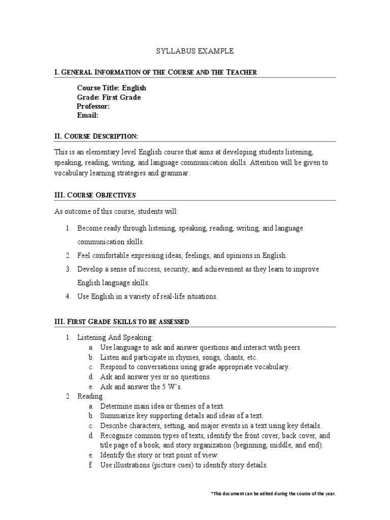 First Grade English Syllabus Example | PDF | Word | English Language