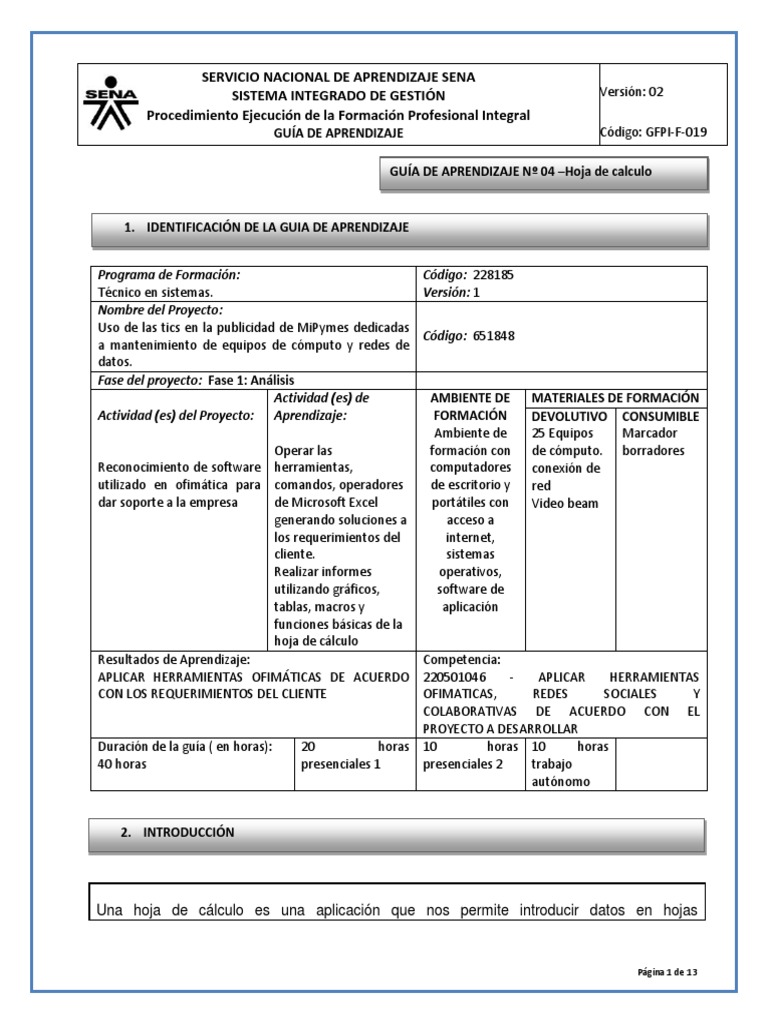 Guia 04 C1.R2. GFPI-F-019 - Formato - Guia - de - Aprendizaje - 04 Hoja de Calculo | PDF ...