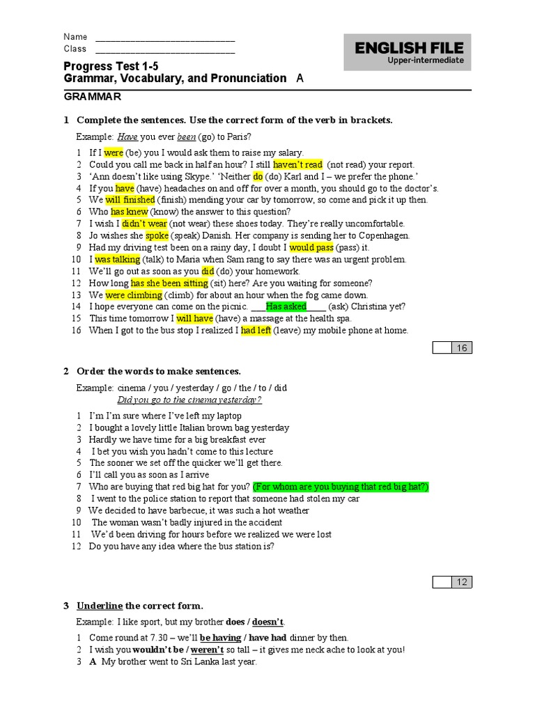 Progress Test 1-5 Grammar, Vocabulary, and Pronunciation A | Download ...